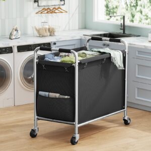 FIONESO Laundry Basket with Wheels, Rolling Laundry Sorter Cart with Side pockets, 79.3GAL(300L) Heavy Duty Laundry hamper with Removable Bag, Commercial Laundry Cart for Laundry, Bedroom, Black