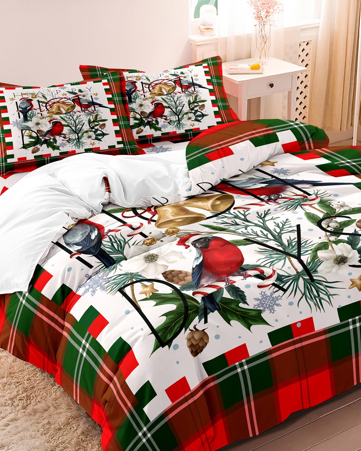 ZIRANSHU Christmas Duvet Cover Queen Size, Holiday Decoration Christmas Theme Bedding Sets Printed with Christmas Elements Such As Pine Cones, Bells, Birds(1 Duvet Cover + 2 Pillowcase)