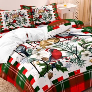 ZIRANSHU Christmas Duvet Cover Queen Size, Holiday Decoration Christmas Theme Bedding Sets Printed with Christmas Elements Such As Pine Cones, Bells, Birds(1 Duvet Cover + 2 Pillowcase)