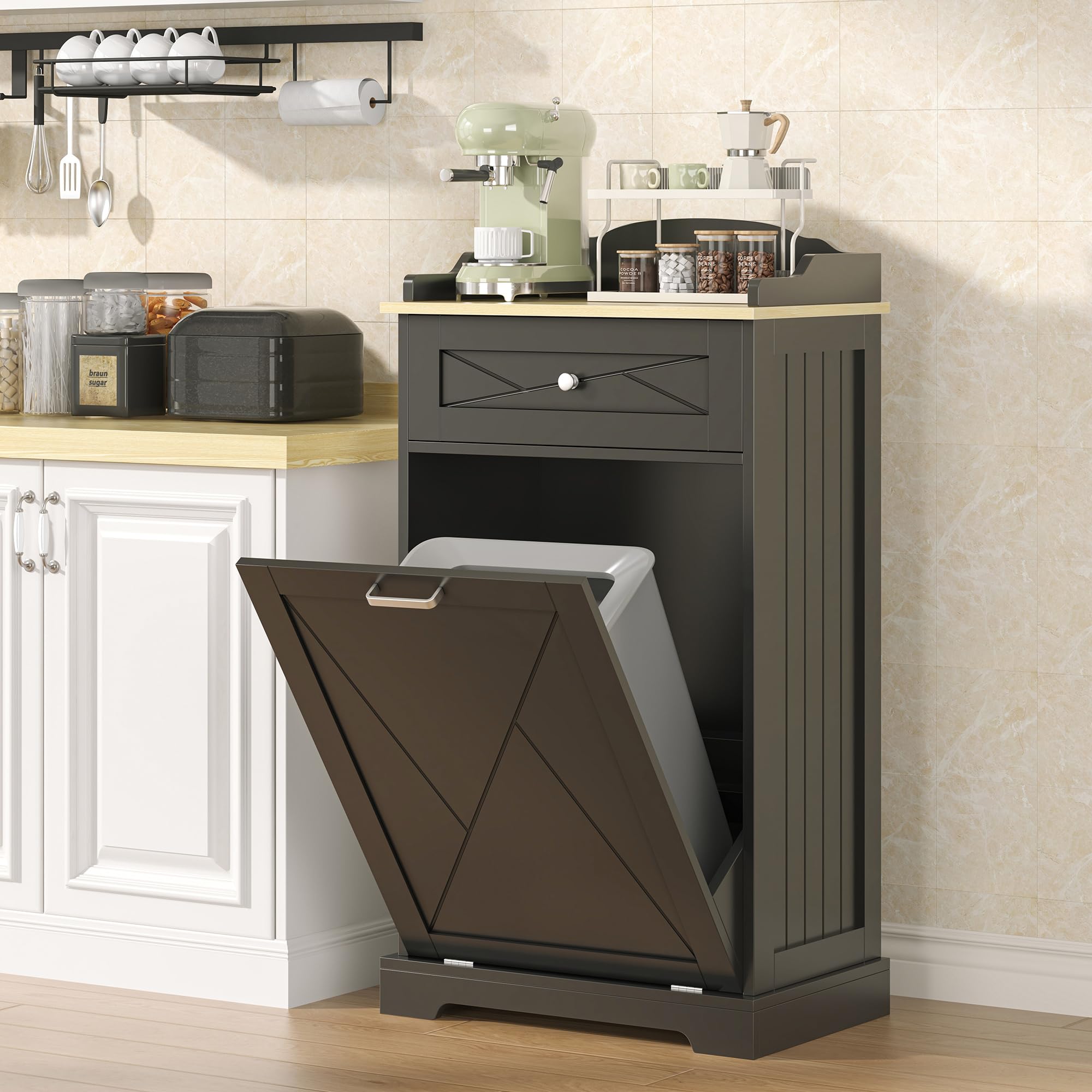 kepptory Tilt Out Trash Can Cabinet 12 Gallon, Hidden Trash Cabinet with Drawers, Kitchen Island Kitchen Pantry with Trash Can Storage, Tilt Out Laundry Hamper Cabinet (Black, Single -Door)