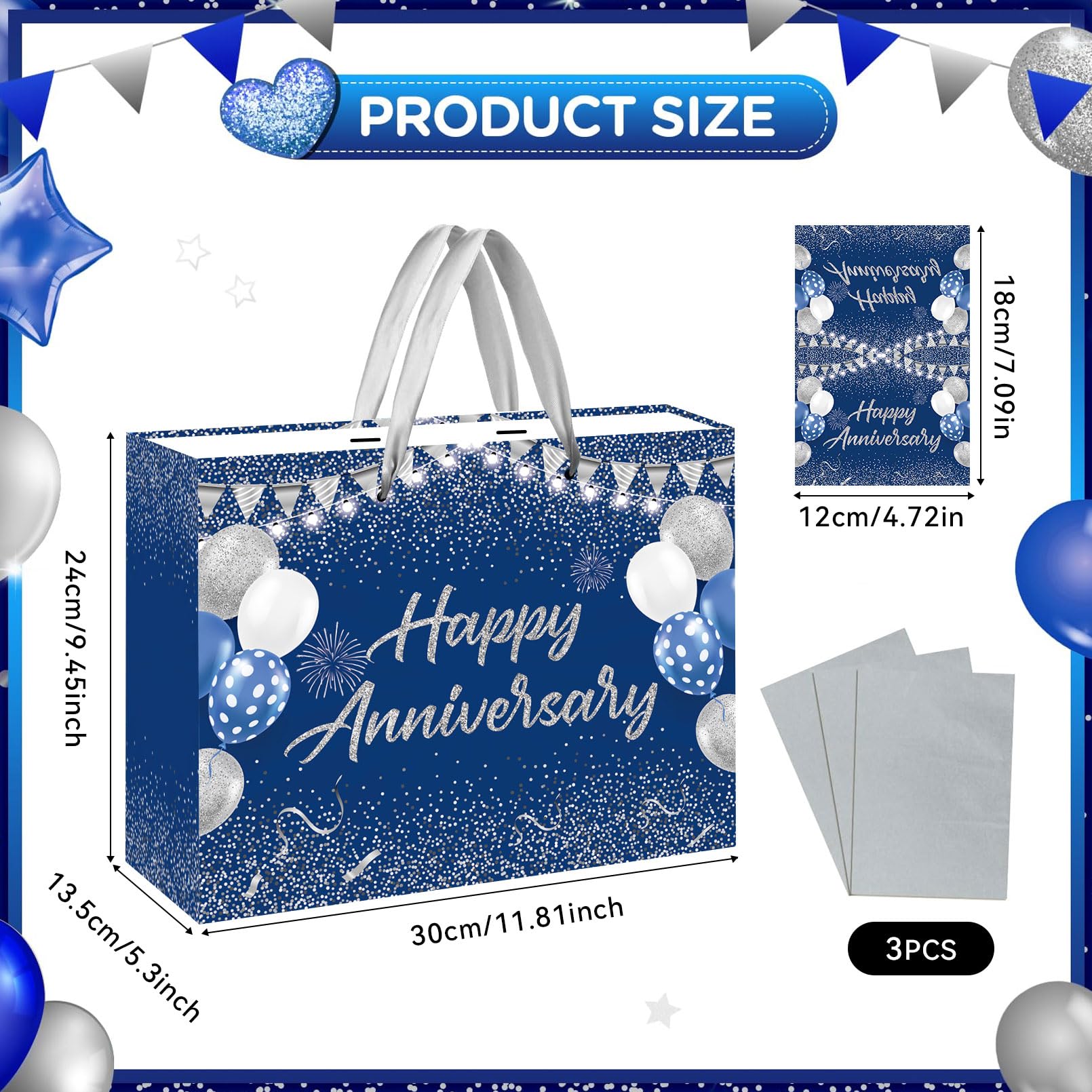 Blue Silver Anniversary Party Gift Bag with Tissue Papers and Card, Wedding Anniversary Paper Gift Wrapping Paper Bag11.8'' for Men Women Anniversary Party, Wedding Anniversary Party Supplies