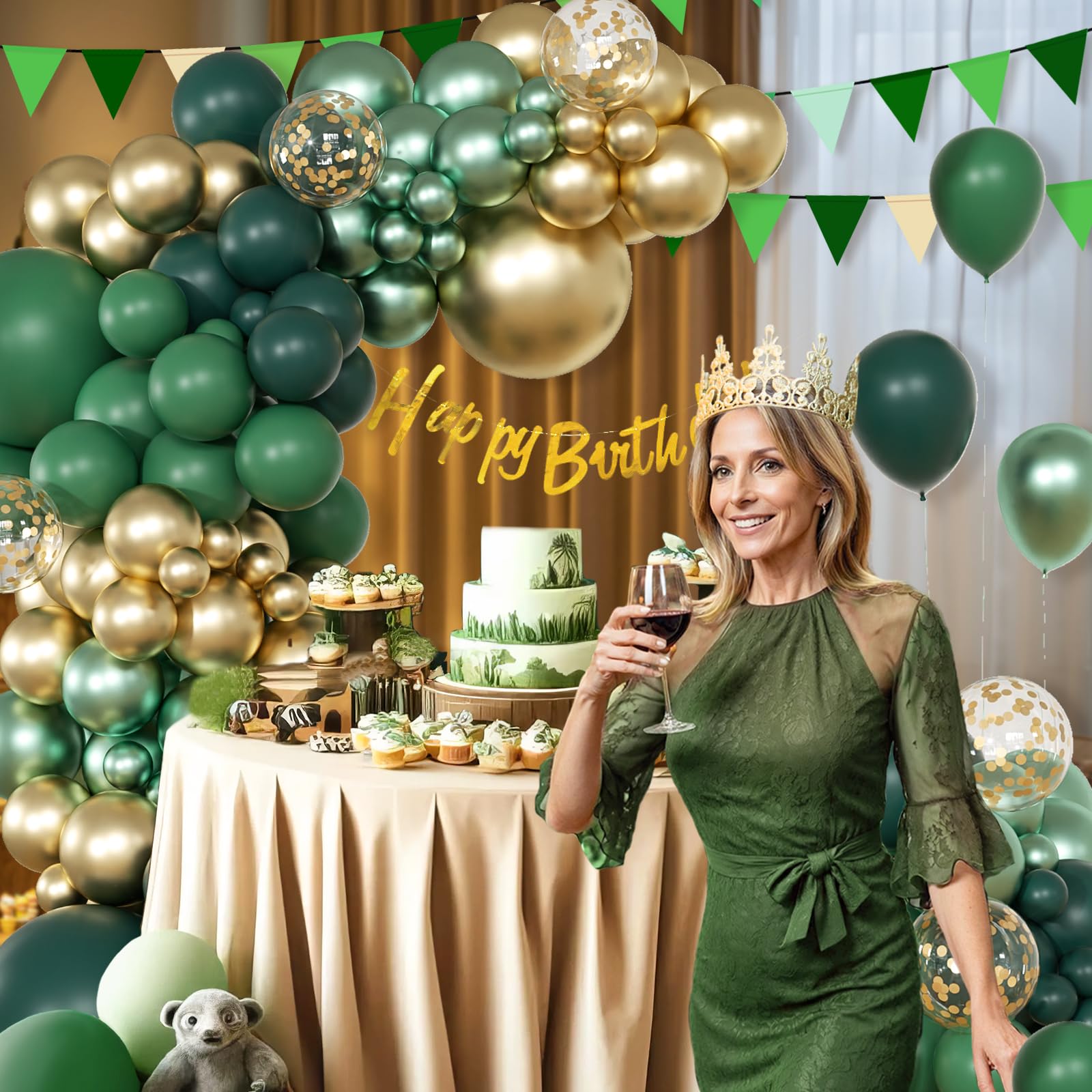 147pcs Green Balloon Garland Arch Kit, Dark Emerald Green and Gold Balloons for Wild One Jungle Birthday Graduation Safari Baby Shower Decorations