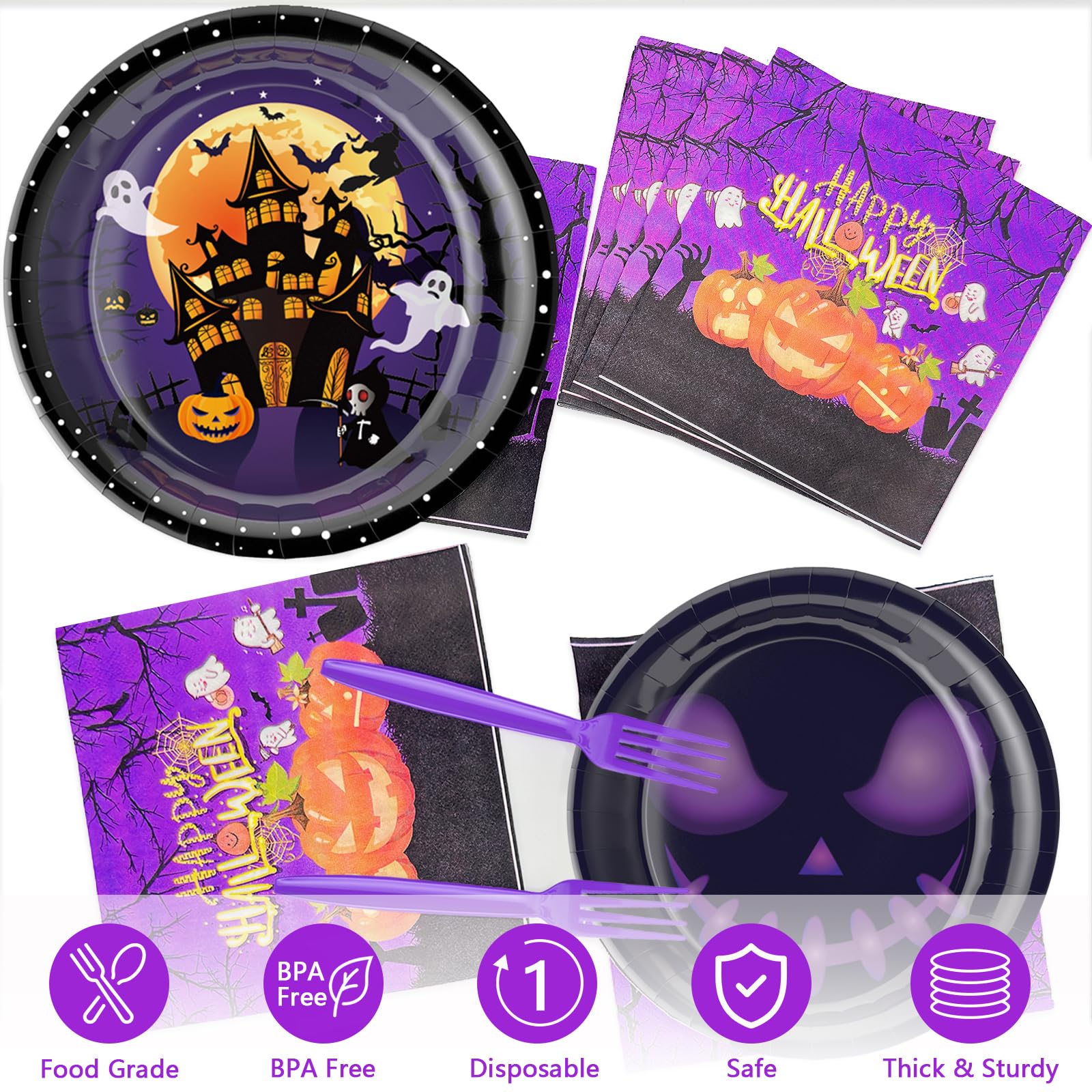 96 Pcs Halloween Party Plates and Napkins Halloween Party Supplies Serves 24 Purple Black Halloween Ghost Pumpkin Theme Tableware Set Halloween Party Decorations for Birthday Party Baby Shower