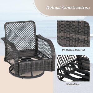 Athena Collection Swivel Patio Furniture Set, Outdoor Table and Chairs Set 3 Piece All Weather PE Rattan Conversation Set with Upholstered Seat and Backrest for Bistro, Garden, Backyard, Gray