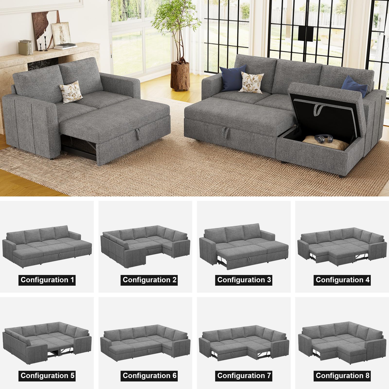 Belffin L Shape Modular Sectional Sleeper Sofa with Pull Out Bed Corner Sleeper Sofa Sectional Couch Convertible Sofa Grey