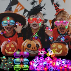 62 PCS Halloween Party Favors for Kids, Halloween Glow in the Dark Toys Rotating LED Necklaces Bracelets Flash Rings Goodie Bag Fillers for Halloween Party Classroom Prizes Trick or Treats Gifts