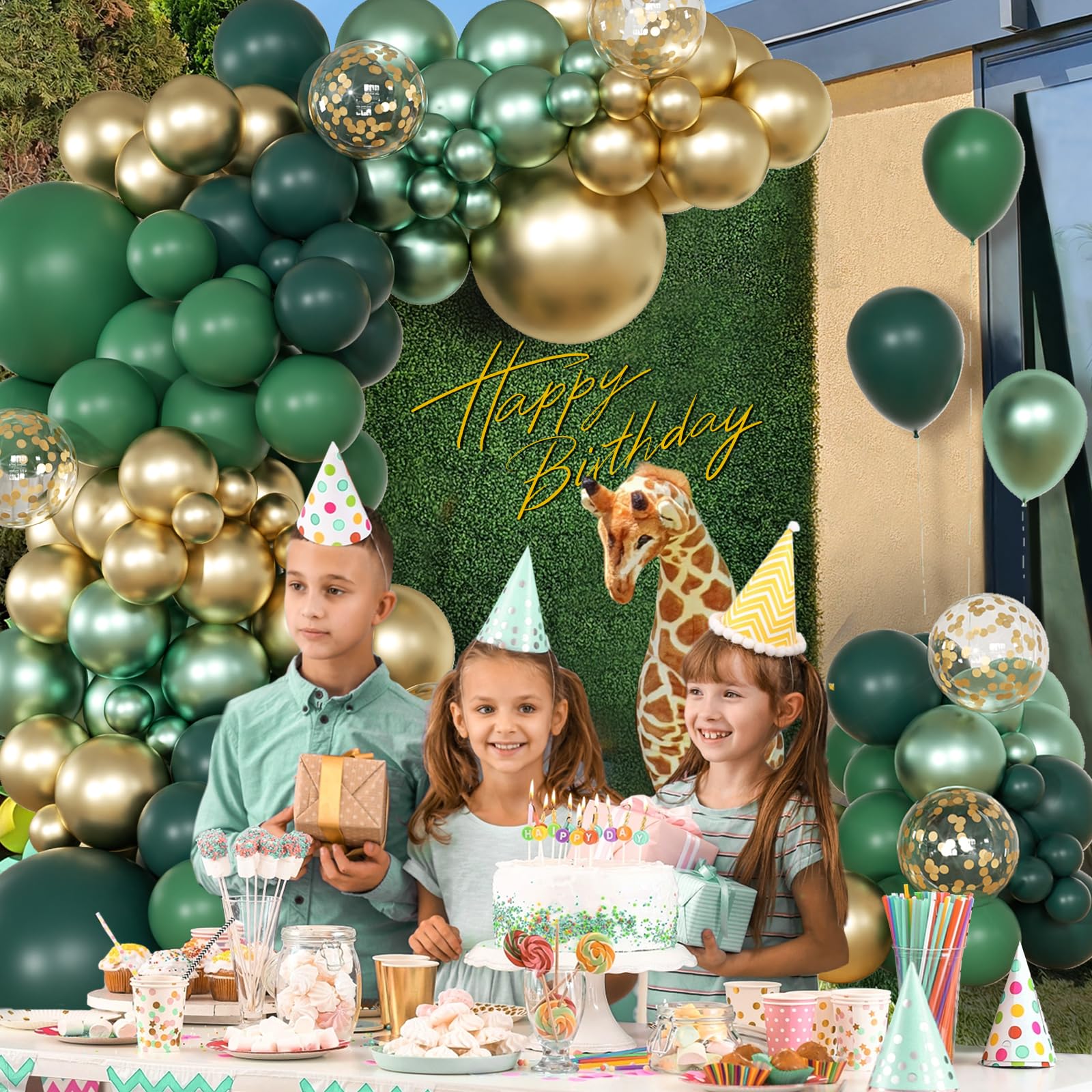 147pcs Green Balloon Garland Arch Kit, Dark Emerald Green and Gold Balloons for Wild One Jungle Birthday Graduation Safari Baby Shower Decorations