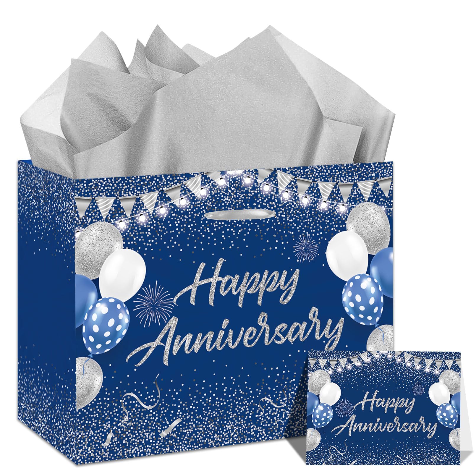 Blue Silver Anniversary Party Gift Bag with Tissue Papers and Card, Wedding Anniversary Paper Gift Wrapping Paper Bag11.8'' for Men Women Anniversary Party, Wedding Anniversary Party Supplies