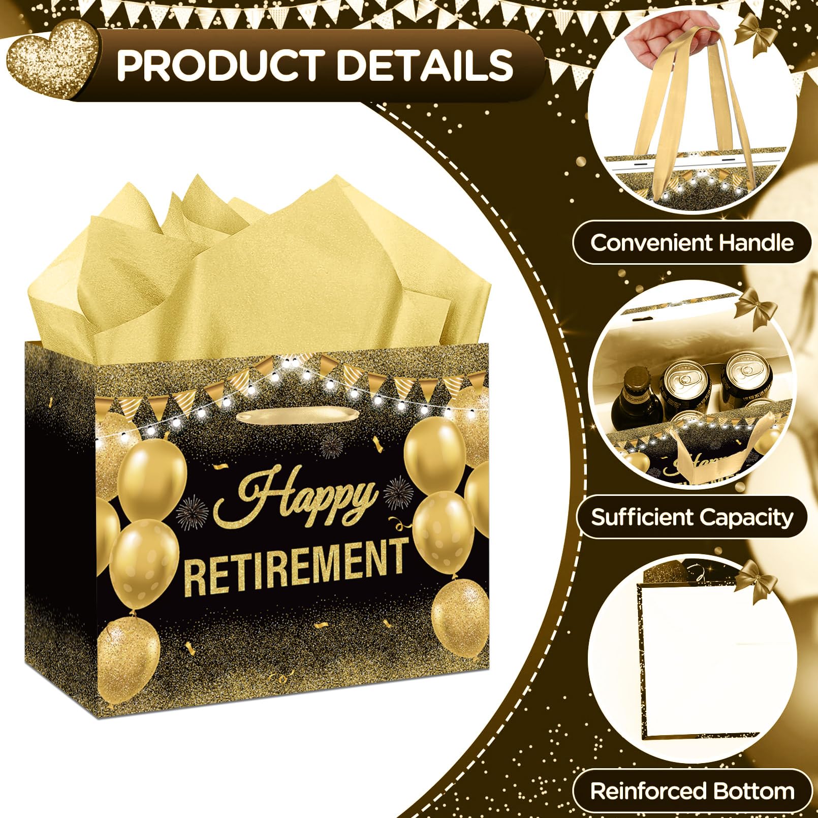 Retirement Gift Bag with Tissue Paper Set Large Black Gold Happy Retirement Wrapping Gift Bag and Greeting Card for Men Women Office Coworker Farewell Going Away Party Favors Wrap Bags Supplies