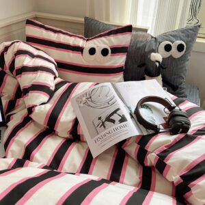 striped double duvet cover set four piece suit, cotton striped complete bedding sets super soft bed sheet sets whit 1duvet cover 2 pillowcases 1 sheet,pink,twin