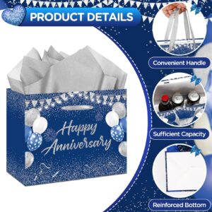 Blue Silver Anniversary Party Gift Bag with Tissue Papers and Card, Wedding Anniversary Paper Gift Wrapping Paper Bag11.8'' for Men Women Anniversary Party, Wedding Anniversary Party Supplies