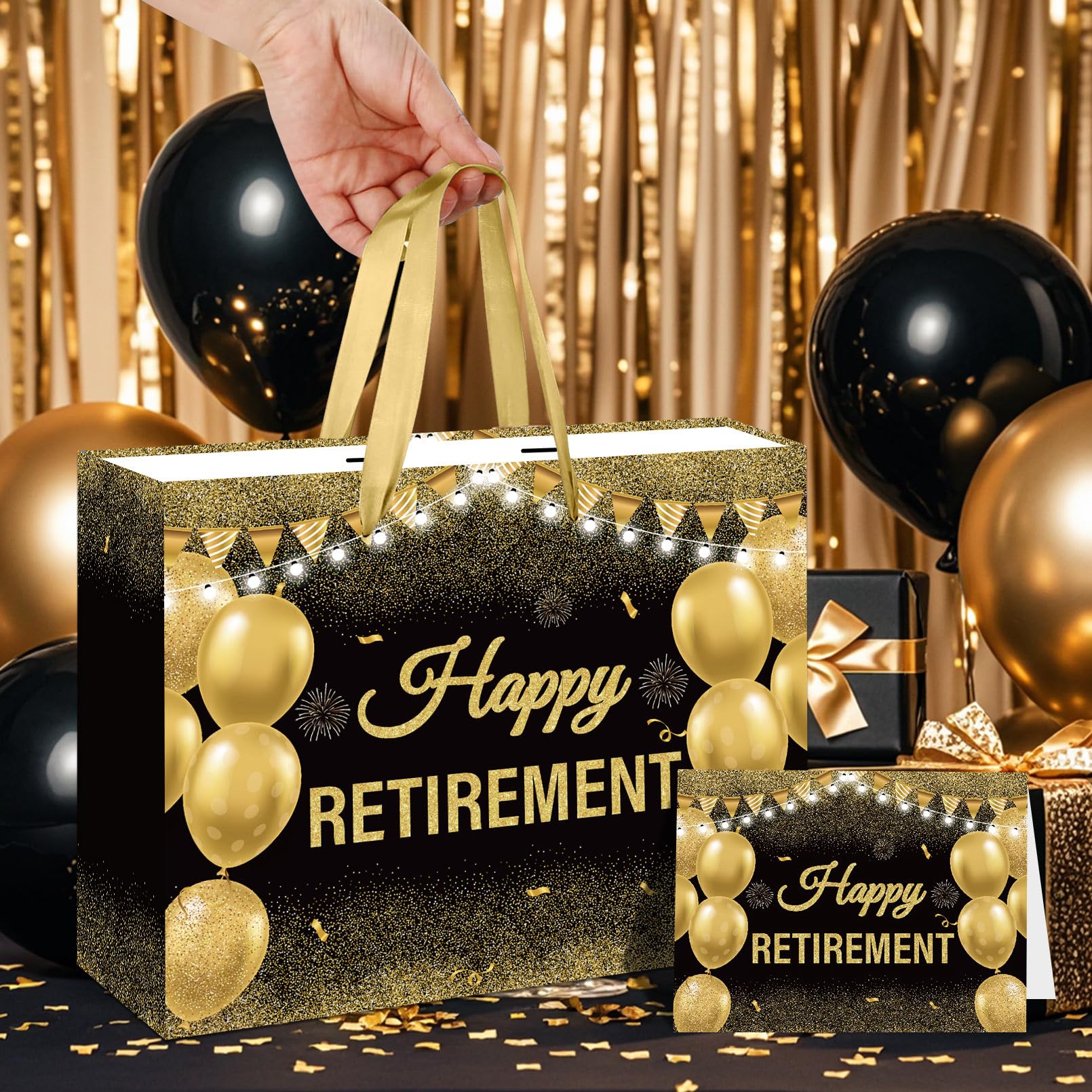 Retirement Gift Bag with Tissue Paper Set Large Black Gold Happy Retirement Wrapping Gift Bag and Greeting Card for Men Women Office Coworker Farewell Going Away Party Favors Wrap Bags Supplies