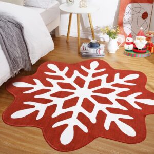 caremee christmas round rug washable area rugs 4ft circle rug for living room non slip soft non shedding throw rugs stain resistant room decor carpet for dining room snowflake 4'x4'