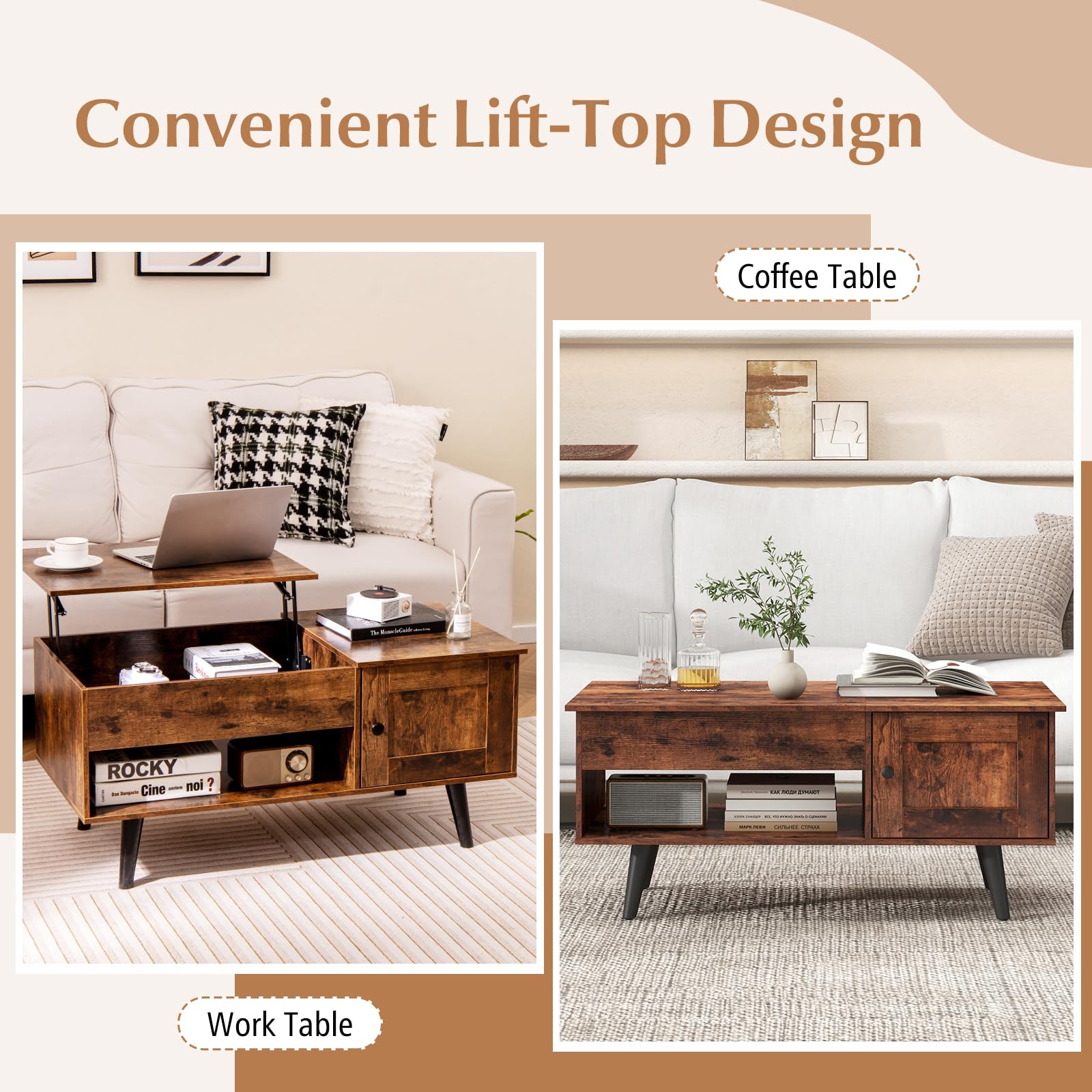 Tangkula Lift Top Coffee Table with Storage, Living Room Table with Hidden Compartment, Cabinet & Open Shelf, Flip Top Center Table, Pull up Coffee Table for Home, Office (Rustic Brown)