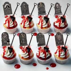 inacorn 48pcs halloween cupcake toppers - halloween cake decorations & halloween birthday party decorations - graveyard tombstone cupcake toppers with novelty mini shovel spoons