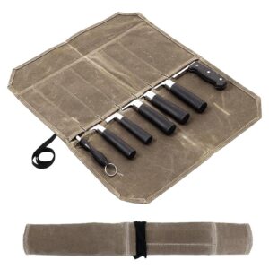 generic 7 slots knife bags for chefs professional, waterproof chef roll bag, travel canvas carrying case with adjustable strap, 22*18in, khaki, 888002