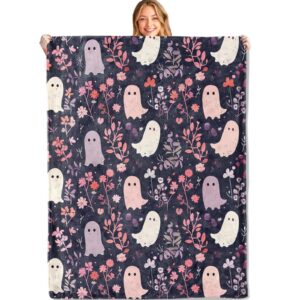 miepos cute ghost floral throw blanket,50x60in,soft,lightweight flannel,adorable flower blankets - gifts for kids girls,for couch office travel,living room halloween festive decor