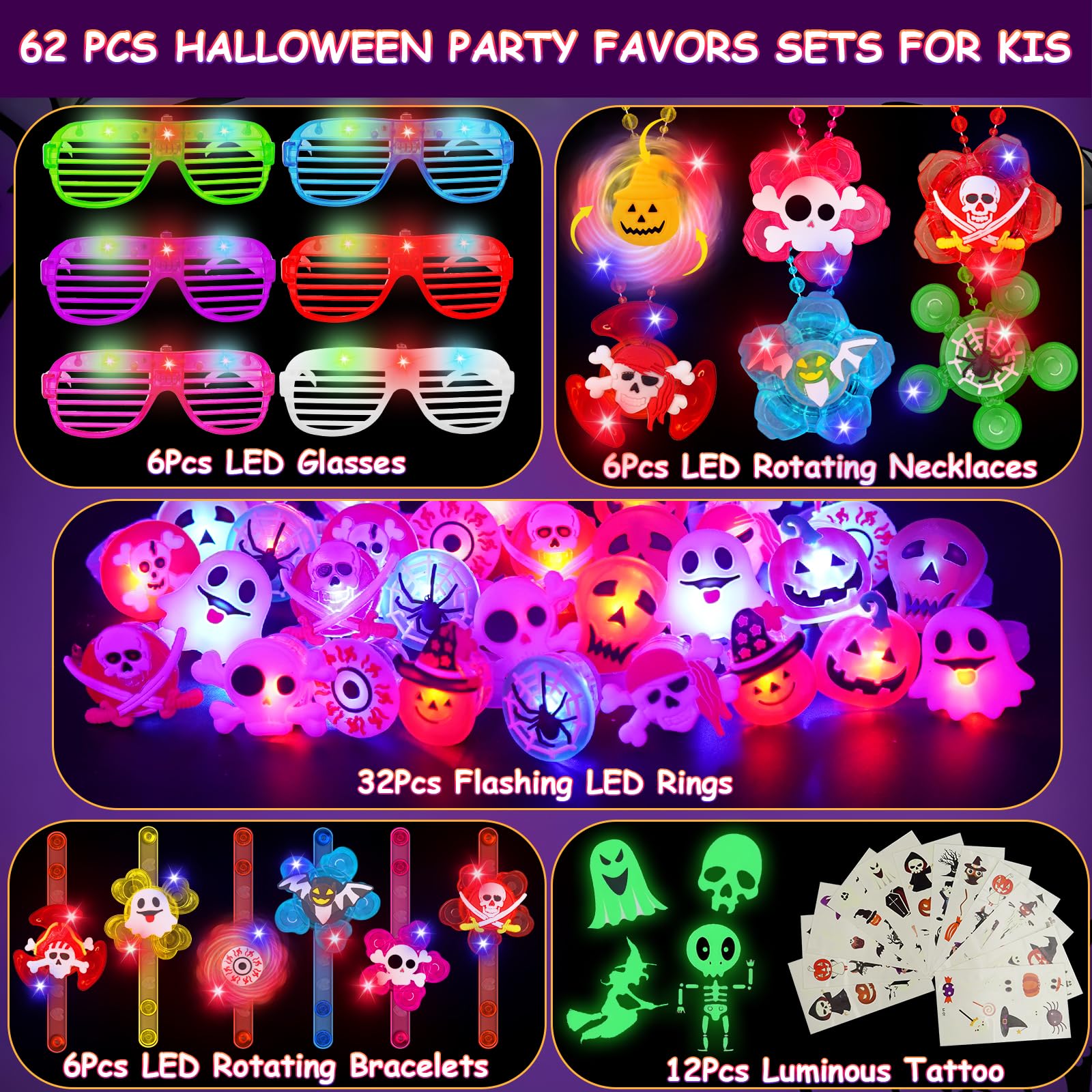 62 PCS Halloween Party Favors for Kids, Halloween Glow in the Dark Toys Rotating LED Necklaces Bracelets Flash Rings Goodie Bag Fillers for Halloween Party Classroom Prizes Trick or Treats Gifts