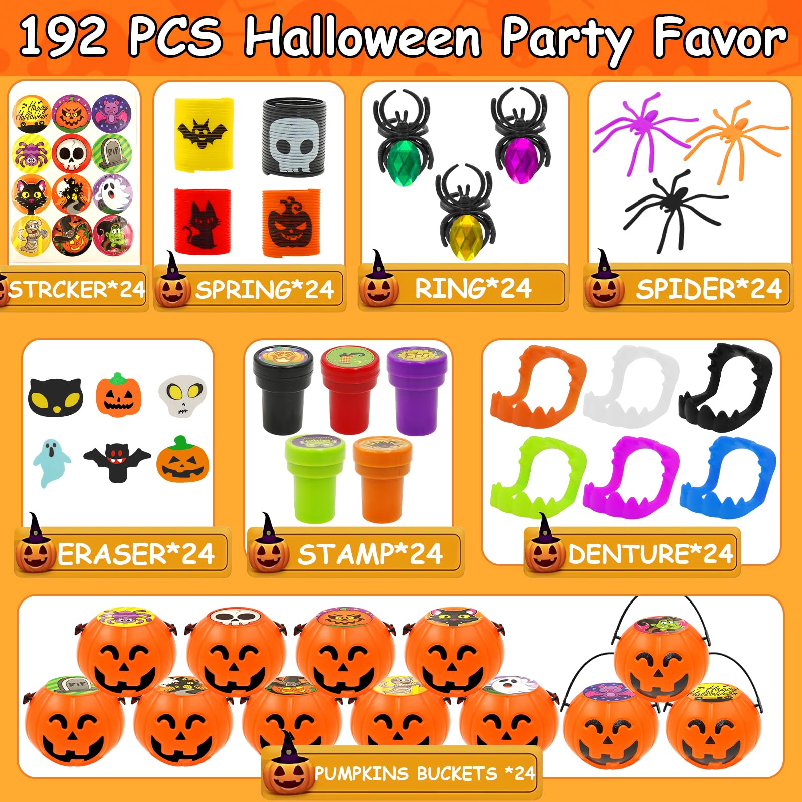 192 PCS Halloween Party Favors For Kids, 24 Pack Prefilled Halloween Pumpkins With Toys Halloween Toys Bulk for Halloween Party School Classroom Prizes Rewards Trick or Treats Gifts