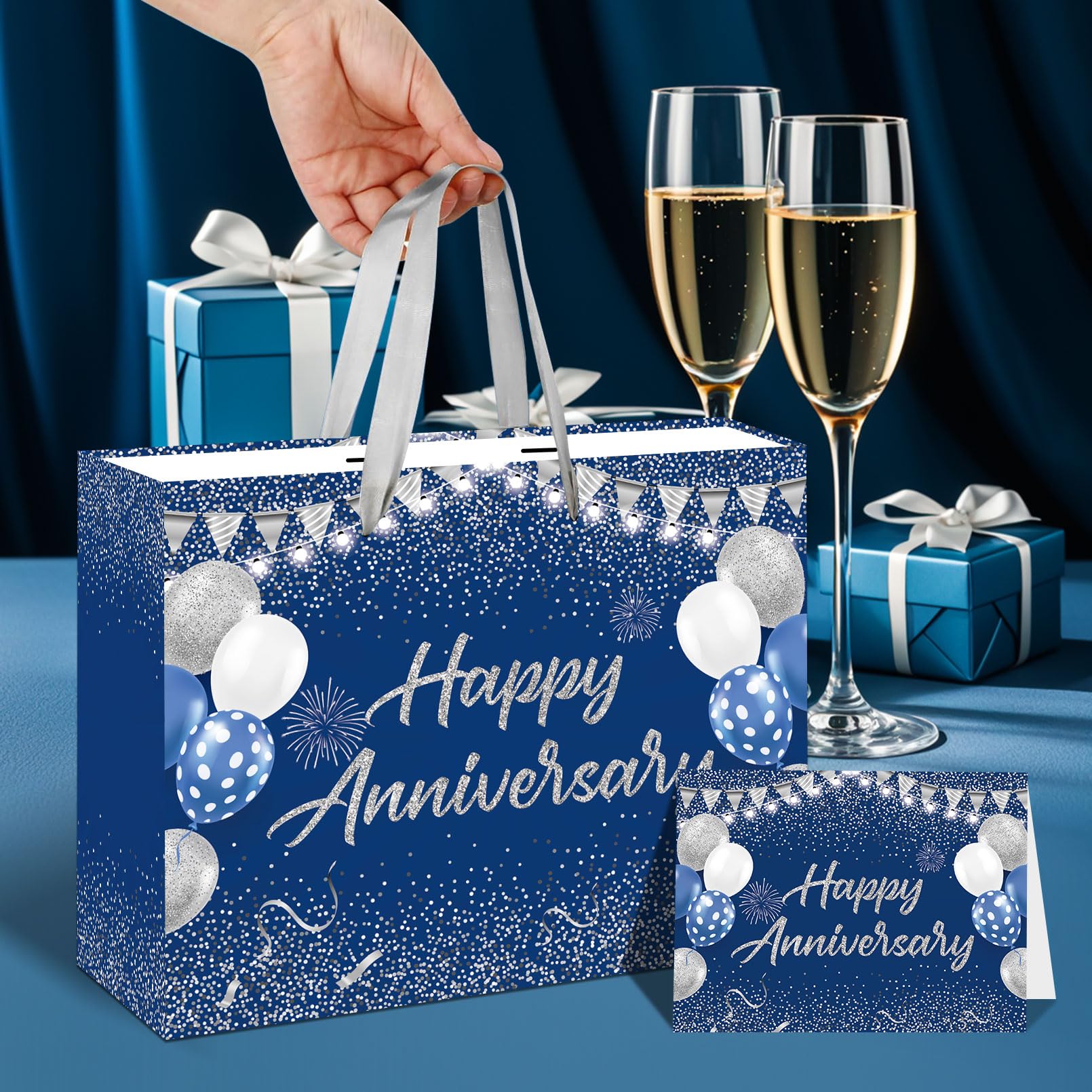 Blue Silver Anniversary Party Gift Bag with Tissue Papers and Card, Wedding Anniversary Paper Gift Wrapping Paper Bag11.8'' for Men Women Anniversary Party, Wedding Anniversary Party Supplies