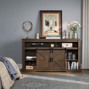 Fiona's magic TV Stand for 65+ Inch TV, Farmhouse Entertainment Center with Sliding Barn Doors, Wood Rustic Console Table with Storage Cabinets, TV Cabinet Media Console for Living Room (Barnwood)