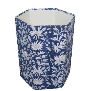 3.3 Gallon Cotton Hand Block Printed Paper Waste Basket |Small Decorative Trash Can for Housewarming Gifts in Living Room, Bedroom, Bathroom | Eco-Friendly, Plastic-Free (1, Blue White FLOWAR)