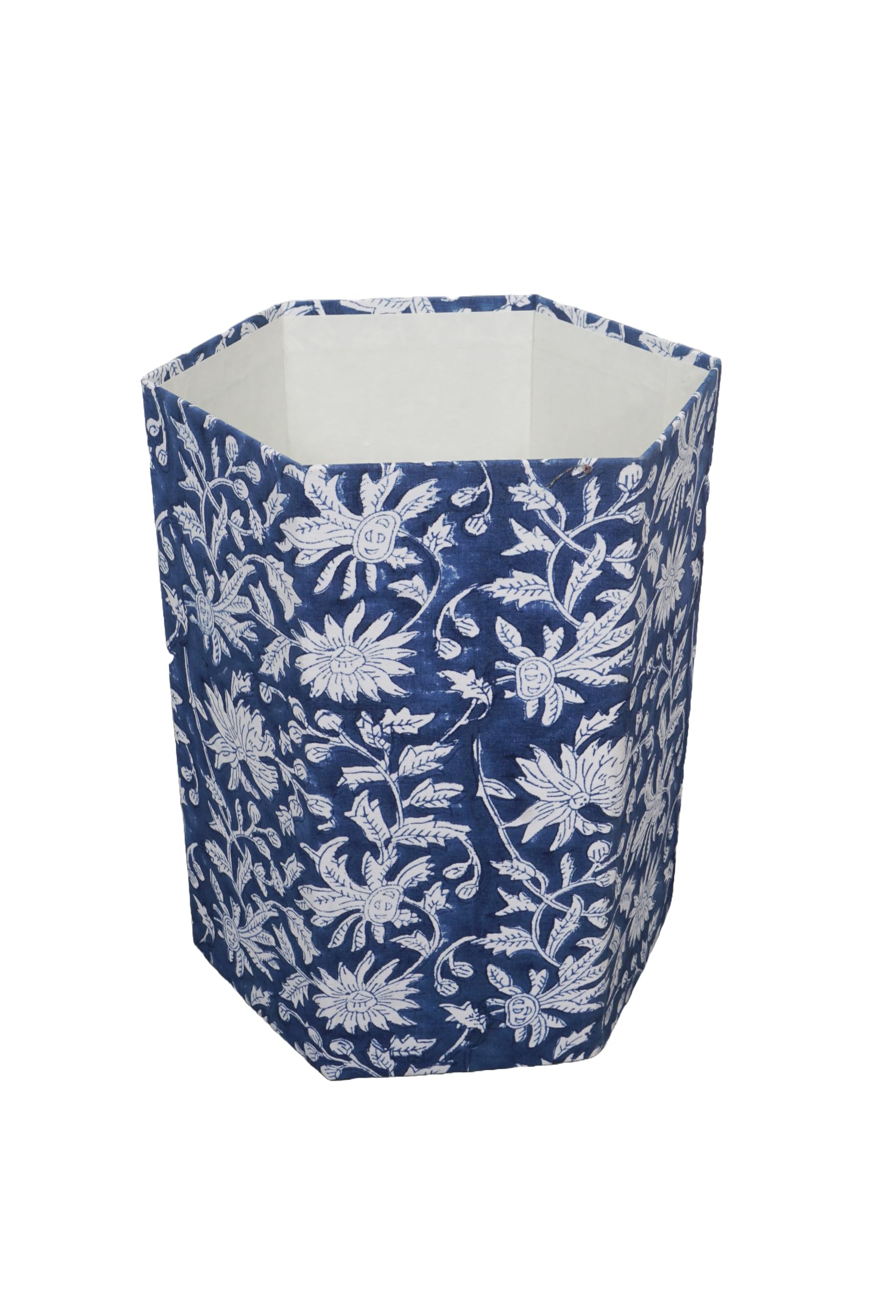 3.3 Gallon Cotton Hand Block Printed Paper Waste Basket |Small Decorative Trash Can for Housewarming Gifts in Living Room, Bedroom, Bathroom | Eco-Friendly, Plastic-Free (1, Blue White FLOWAR)