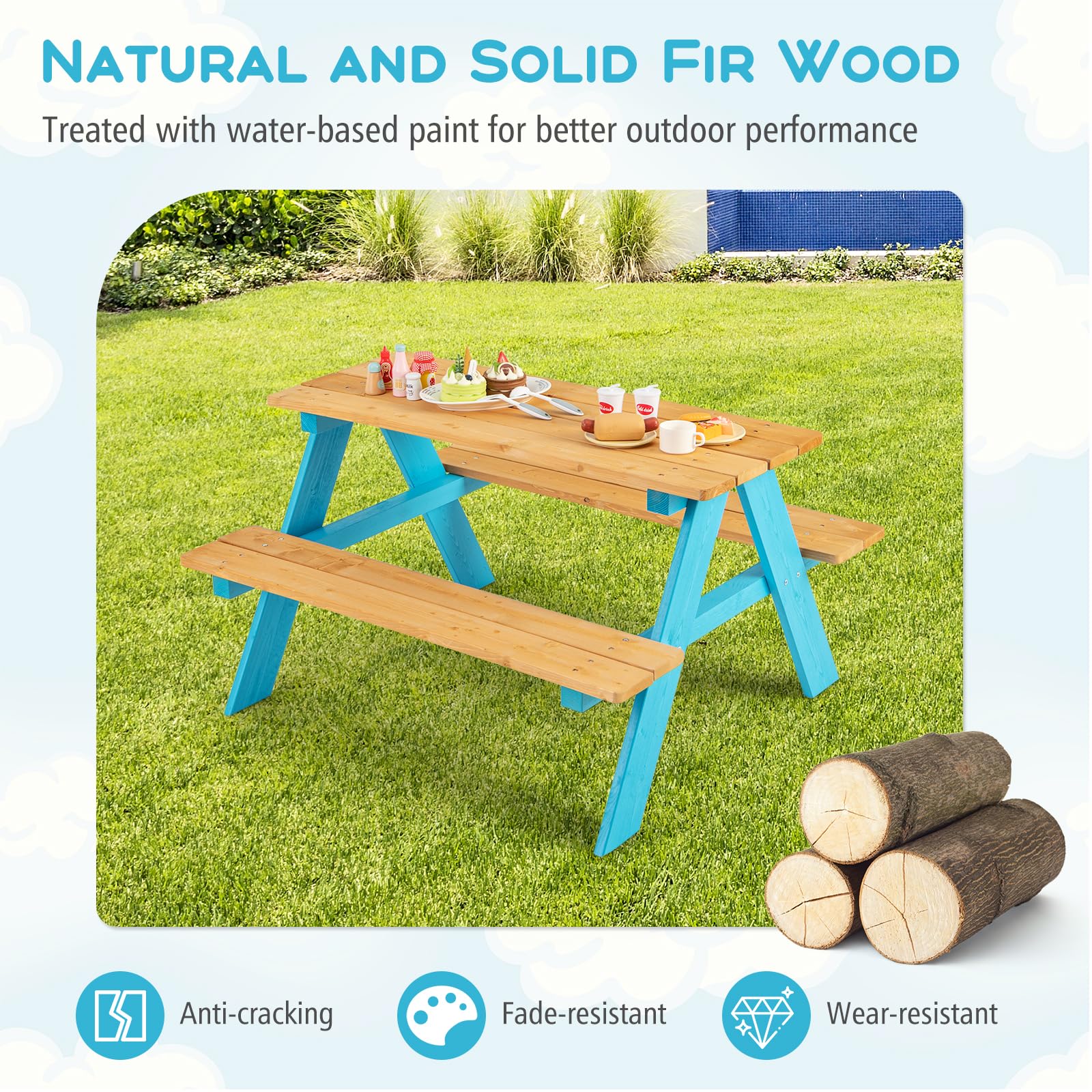 Costzon Kids Picnic Table, Fir Wood Children’s Activity Table with Benches, Toddler Patio Furniture Set, Kids Table and Chair Set for Outdoors, Backyard, Garden, Lawn, Gift for Boys Girls 3+