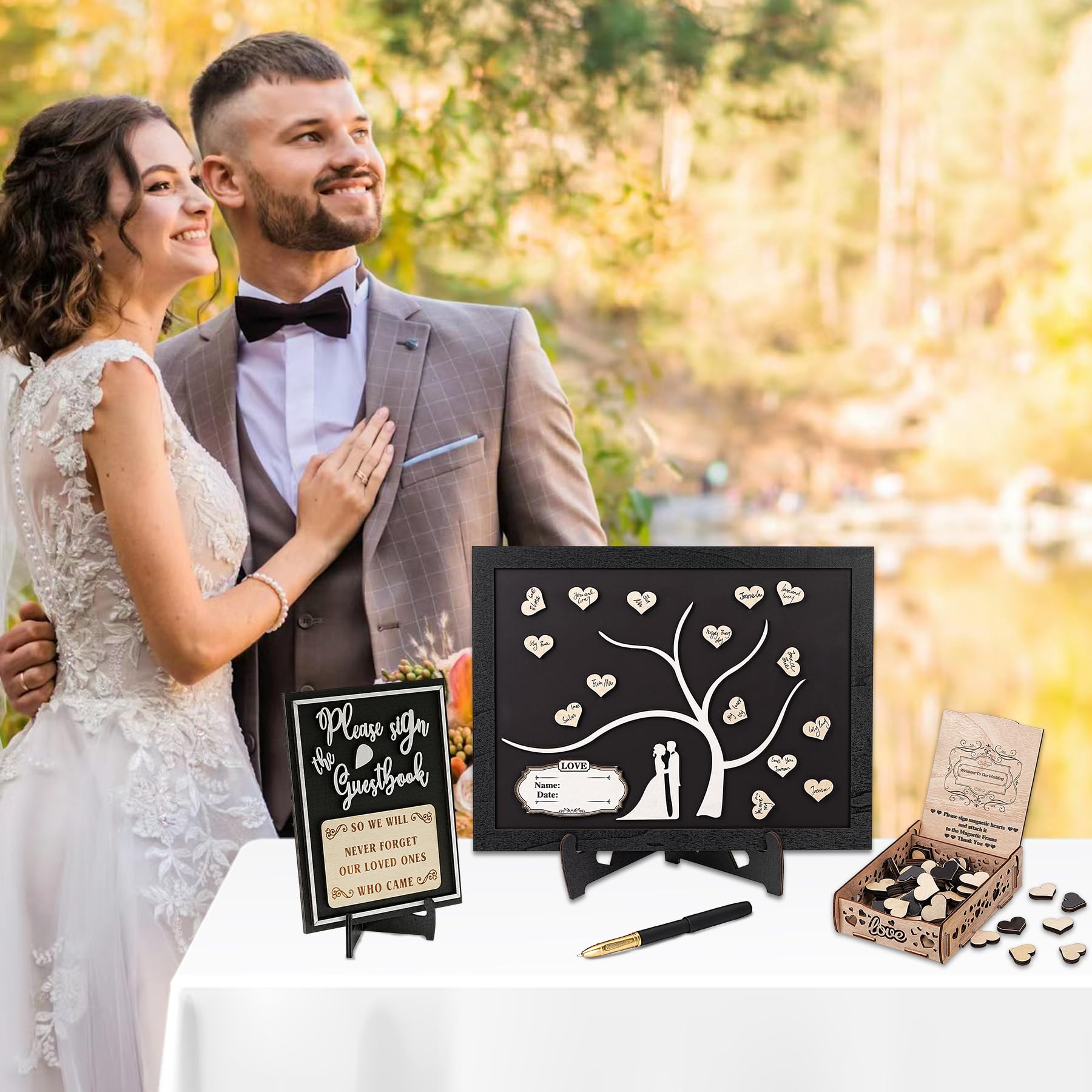 JUSGODA Wedding Guest Book, Guest Book Wedding Reception, Guest Book Frame with Stand, 70PCS Wooden Hearts, Wooden Box for Wedding, Bridal Shower, Anniversary, Indoor and Outdoor Ceremony