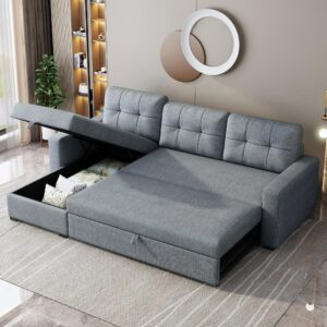 favfurish 81.5" sectional sleeper sofa with storage chaise, l shaped pull out couch bed with 3 removable back cushion for living room,apartment,office, ligt grey