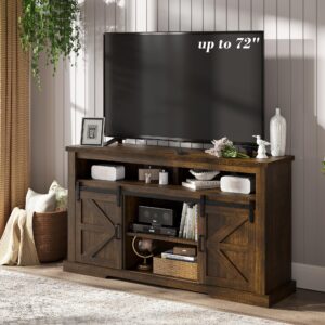 fiona's magic tv stand for 65+ inch tv, farmhouse entertainment center with sliding barn doors, wood rustic console table with storage cabinets, tv cabinet media console for living room (barnwood)