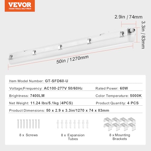 VEVOR 4FT LED Vapor Tight Light, 60W, 7400LM Vapor Proof Light Fixture with 5000K IP65 Waterproof, for Outdoor Semi-Outdoor Cold Environments Parking Lot Warehouse Walk-in Freezer Car Wash, 4-Pack