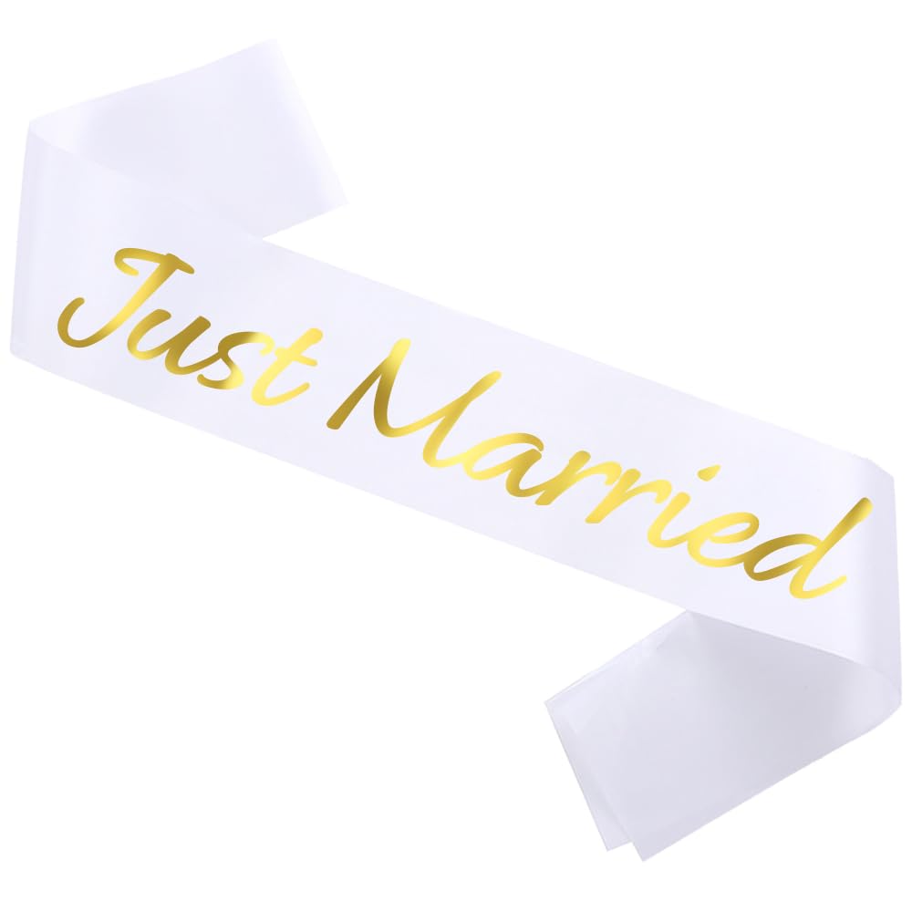 Just Married Sash with Gold Letters, Bachelorette Party Sash Bride to Be Sash Bridal Shower Hen Party Party Favours Accessories, Engagement Proposal Party Sash,Bachelorette, Wedding Party Favors Accessories just Marrier white sash (White)