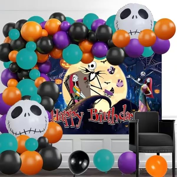 121 Pcs Nightmare Christmas Balloon Arch Kit, Halloween Decoration Set, blue purple orange black latex balloons,Halloween Foil Balloons and background, for Halloween party Decoration