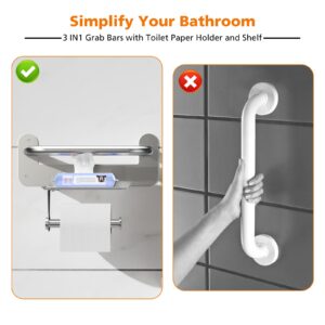 Grab Bars for Bathtubs and Showers with Toilet Paper Holder, Assistance Handle with Toilet Roll Holder and Shelf for Elderly Seniors, Waterproof Bathroom Handicap Safety Handrail for Wall Mount