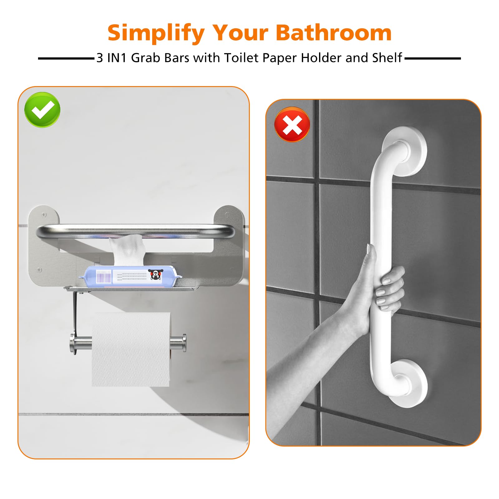 Grab Bars for Bathtubs and Showers with Toilet Paper Holder, Assistance Handle with Toilet Roll Holder and Shelf for Elderly Seniors, Waterproof Bathroom Handicap Safety Handrail for Wall Mount