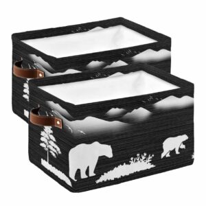 Bear Black Cube Storage Organizer Bins with Handles 2 Packs 15x11x9.5 Inch Collapsible Canvas Cloth Fabric Storage Basket for Shelves,Closet Forest Animal Tree Birds Abstract Mountain White