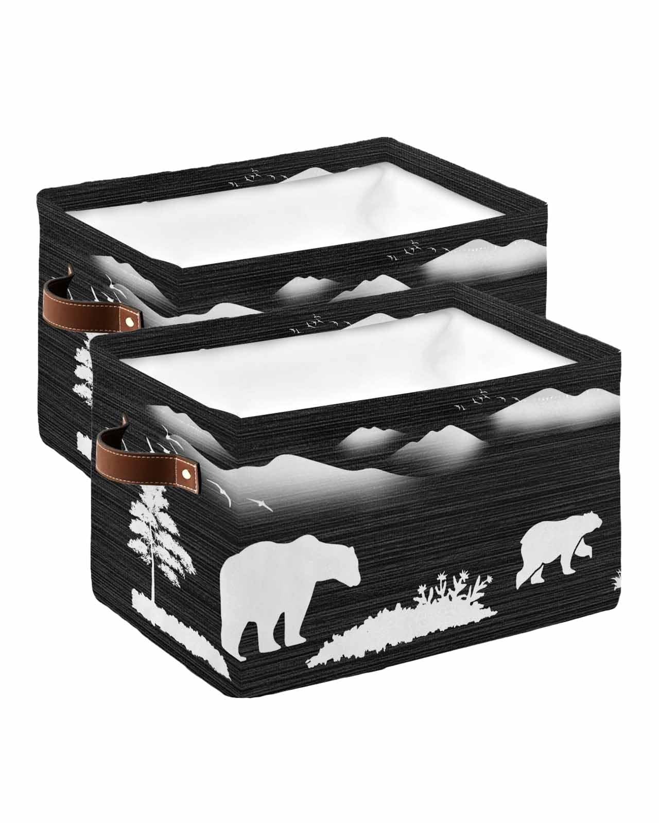 Bear Black Cube Storage Organizer Bins with Handles 2 Packs 15x11x9.5 Inch Collapsible Canvas Cloth Fabric Storage Basket for Shelves,Closet Forest Animal Tree Birds Abstract Mountain White