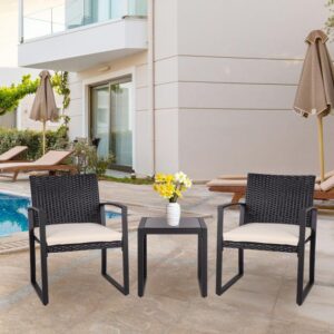 Shintenchi 3 Pieces Outdoor Patio Furniture Set Modern Black Wicker Bistro Set Rattan Chair Conversation with Coffee Table for Yard Porch Poolside Lawn(Beige)