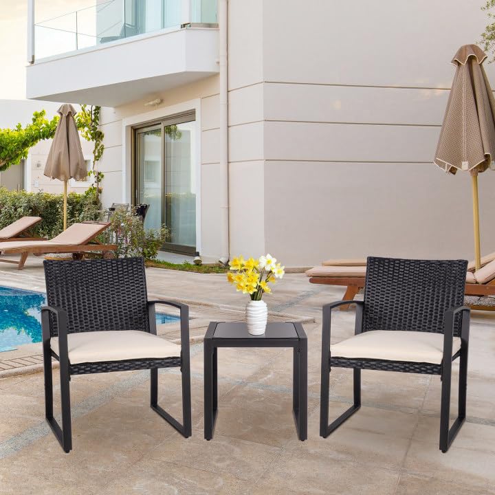 Shintenchi 3 Pieces Outdoor Patio Furniture Set Modern Black Wicker Bistro Set Rattan Chair Conversation with Coffee Table for Yard Porch Poolside Lawn(Beige)