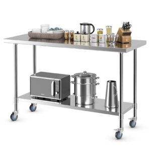 goplus stainless steel table with wheels, 60” x 24” rolling kitchen prep table work table with height adjustable under shelf, footpads, 900lbs capacity, food prep metal table for commercial kitchen