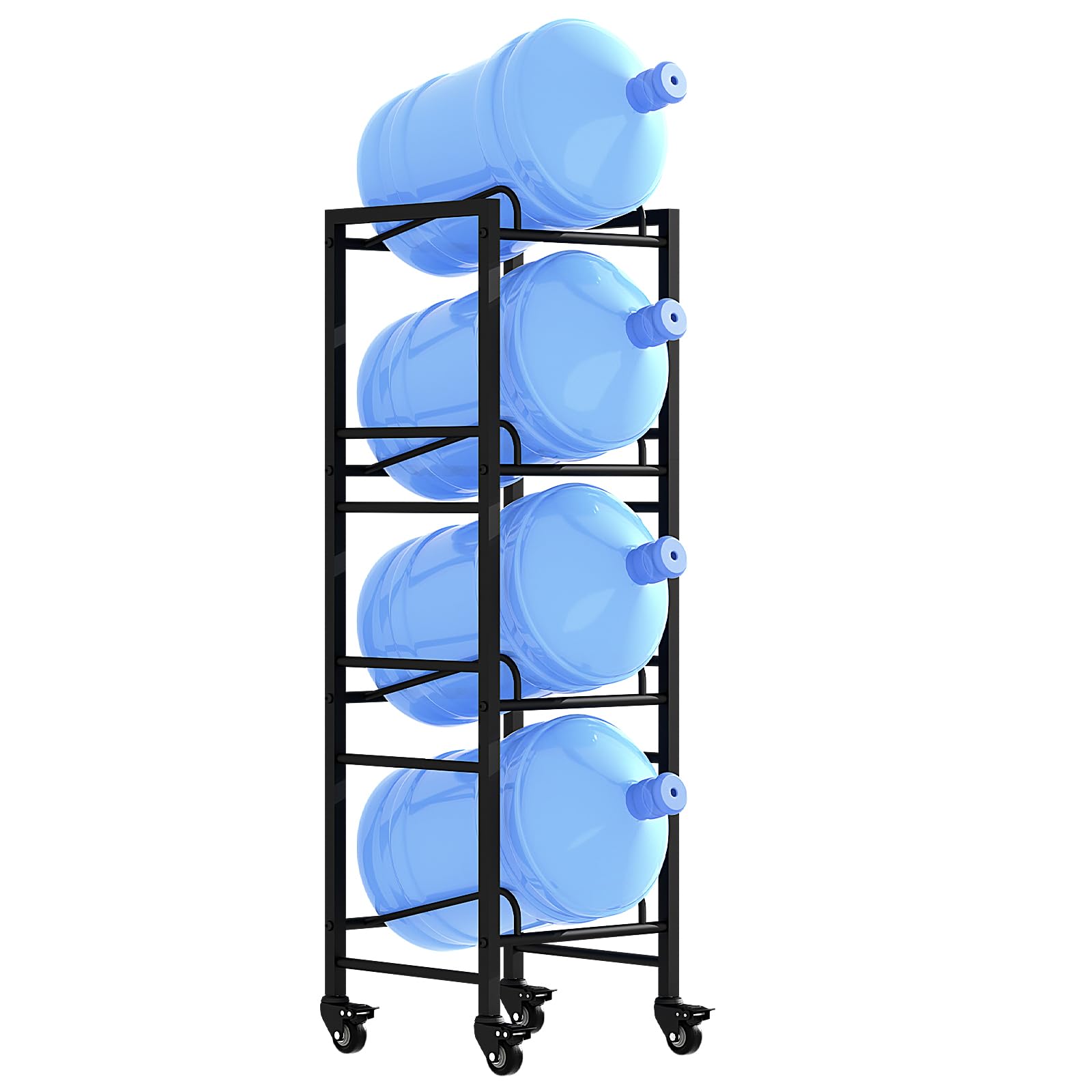 5 Gallon Water Jug Holder, Moveable 4 Tier Heavy Duty Water Rack with 4 Wheels, Rack for Water Jug Storage, Space Saving Water Stand for Four 5 Gallon Water Jugs, Black