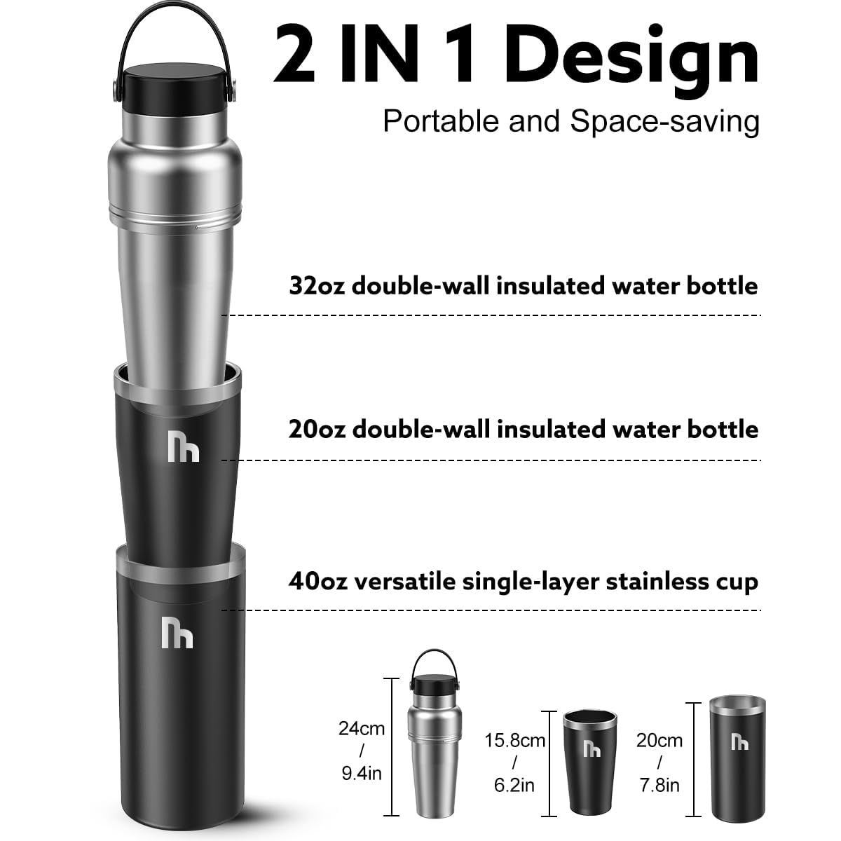 2 IN 1 Wide Mouth Water Bottle 32 oz With Detachable 20 oz Tumbler, Comes with Flex Cap and Slider Lid, Stainless Steel,Double-Wall Vacuum Insulation for Water, Iced Tea or Coffee