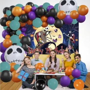 121 Pcs Nightmare Christmas Balloon Arch Kit, Halloween Decoration Set, blue purple orange black latex balloons,Halloween Foil Balloons and background, for Halloween party Decoration