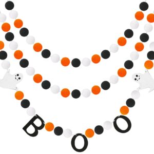 gcqq halloween felt garland, boo felt garland, prestrung ghost garland with pompom balls, black white orange felt garland, halloween garlands for mantle, fireplace, indoor or outdoor decoration