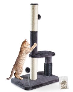 happi n pets 34“ tall cat scratching post for big cats, natural sisal cat scratchers for indoor cats, heavy duty cat stands featuring with cat self groomer and hanging toys, free catnip-gray