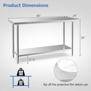 Goplus Stainless Steel Table with Wheels, 60” x 24” Rolling Kitchen Prep Table Work Table with Height Adjustable Under Shelf, Footpads, 900LBS Capacity, Food Prep Metal Table for Commercial Kitchen