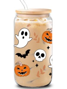 wecacyd halloween pumpkin ghost skull cups - 16 oz pumpkins fall cup mug, tumbler glass cups with lids straws, spooky cups for iced coffee, goth spooky gifts for her, halloween gifts for women