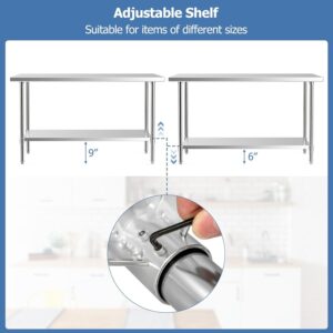 Goplus Stainless Steel Table with Wheels, 60” x 24” Rolling Kitchen Prep Table Work Table with Height Adjustable Under Shelf, Footpads, 900LBS Capacity, Food Prep Metal Table for Commercial Kitchen