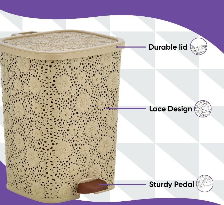 Generic VcJta 6 qt Beige Lace Design Pedal Trash Can, Small Step-on Garbage Bin Waste Bin, E275643261524